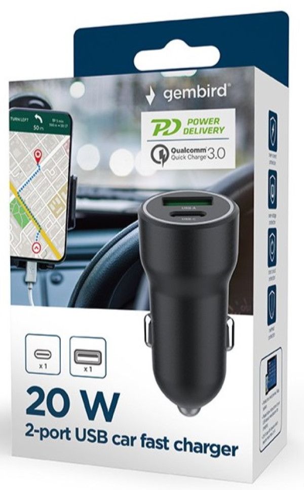TA-UC-A2PDQC20-CAR-01 Gembird 2-port USB car fast charger, — Bazzar.rs
