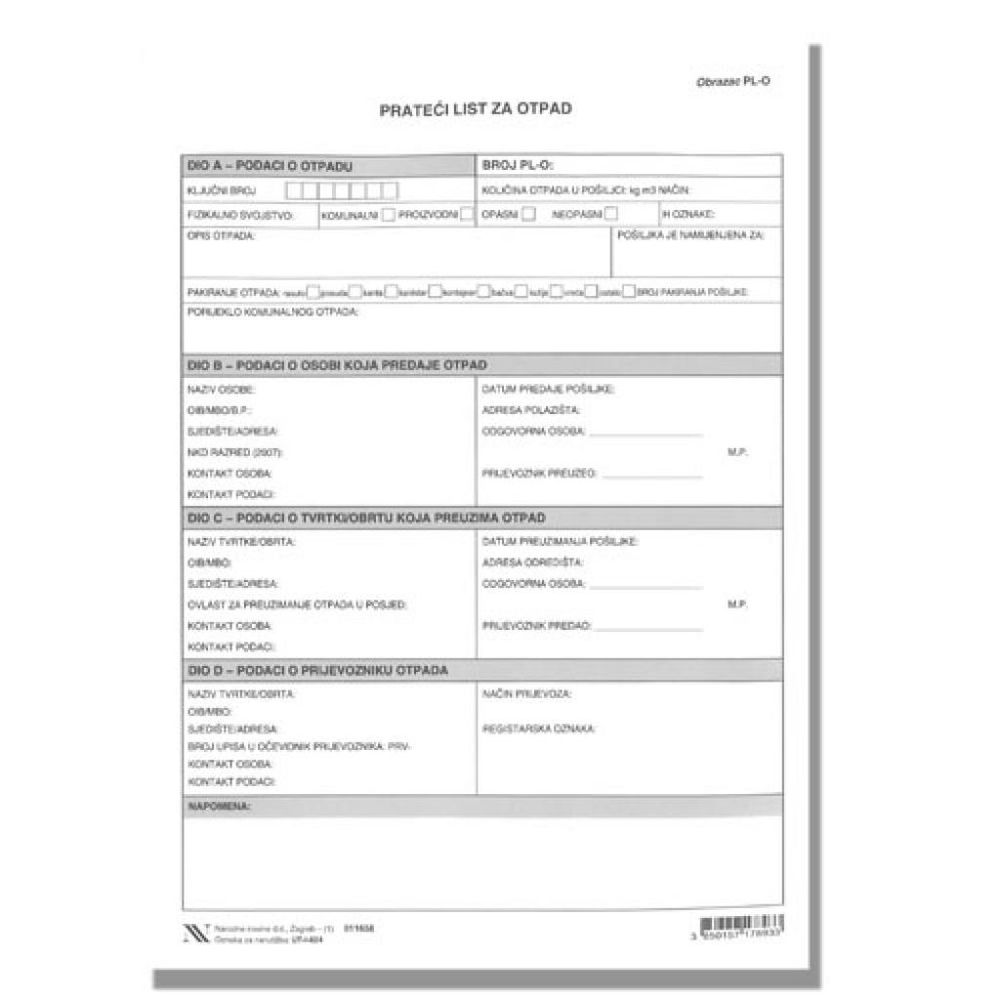 I-824 PRATEĆI LIST ZA OTPAD (Obrazac PL-O)-DODATAK XIII — Bazzar.hr