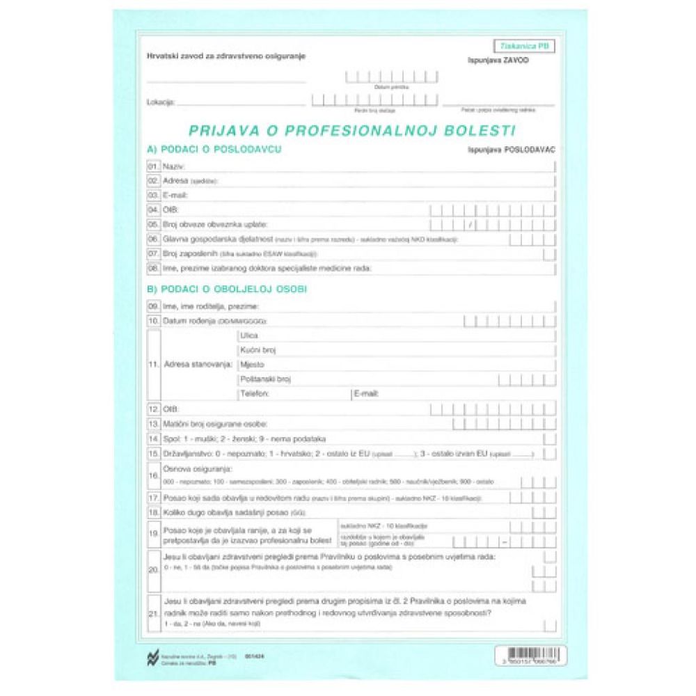 PB PRIJAVA PROFESIONALNE BOLESTI (Obrazac PB); Arak, 21 x — Bazzar.hr